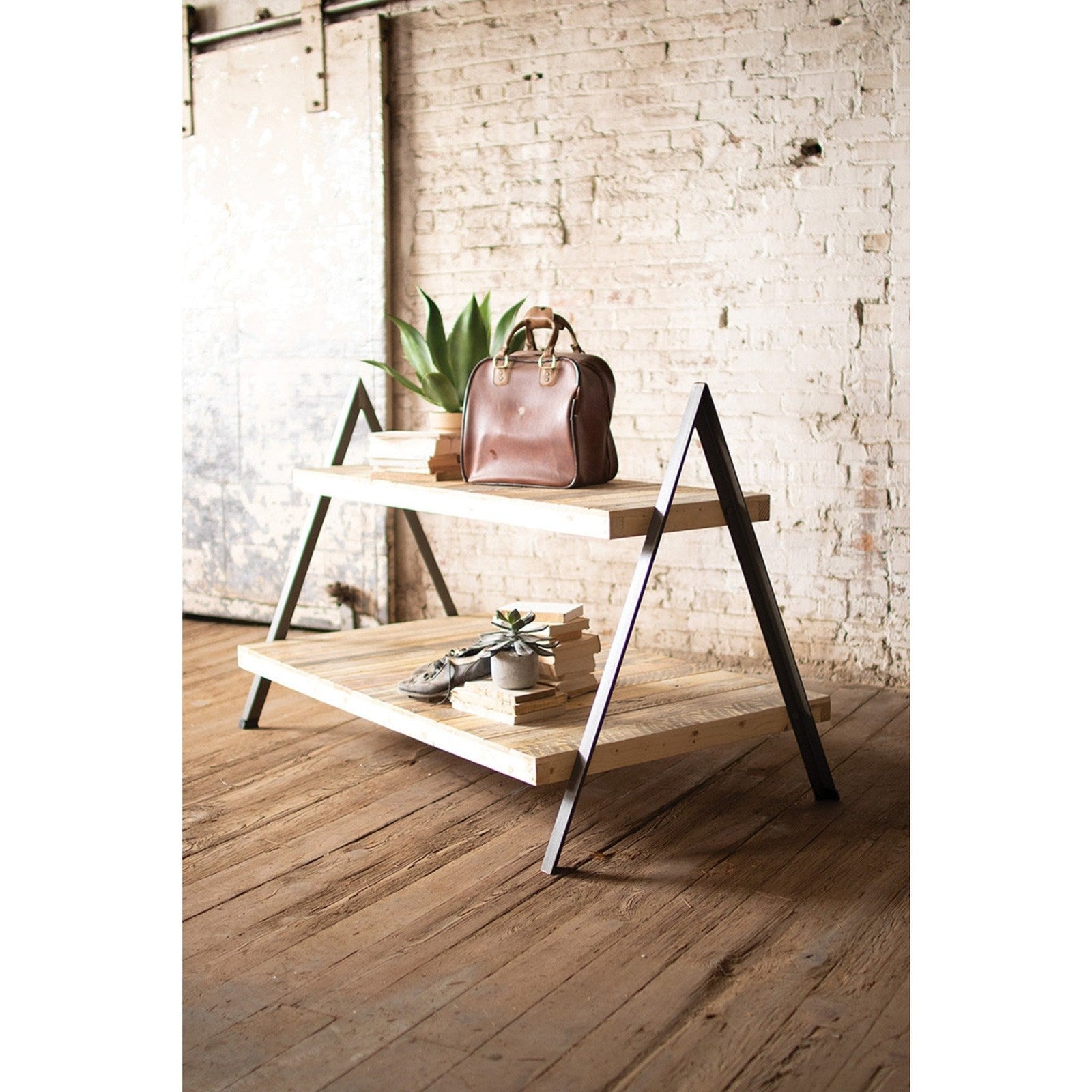 Kalalou Recycled Wood Metal Two-Tiered Display Table With A-Frame Base ...