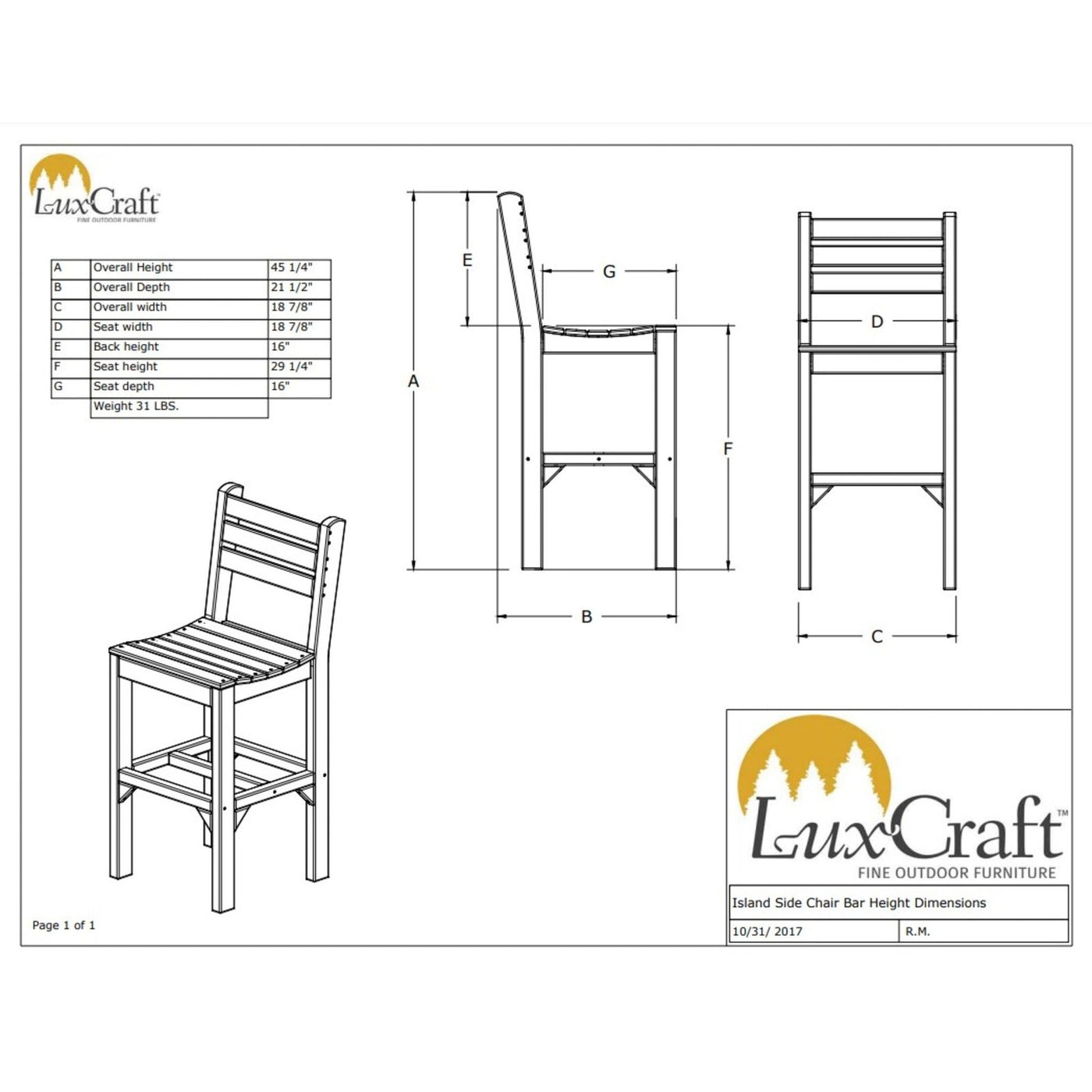 LuxCraft Outdoor Bar Height Island Poly Side Chair — Archic Furniture