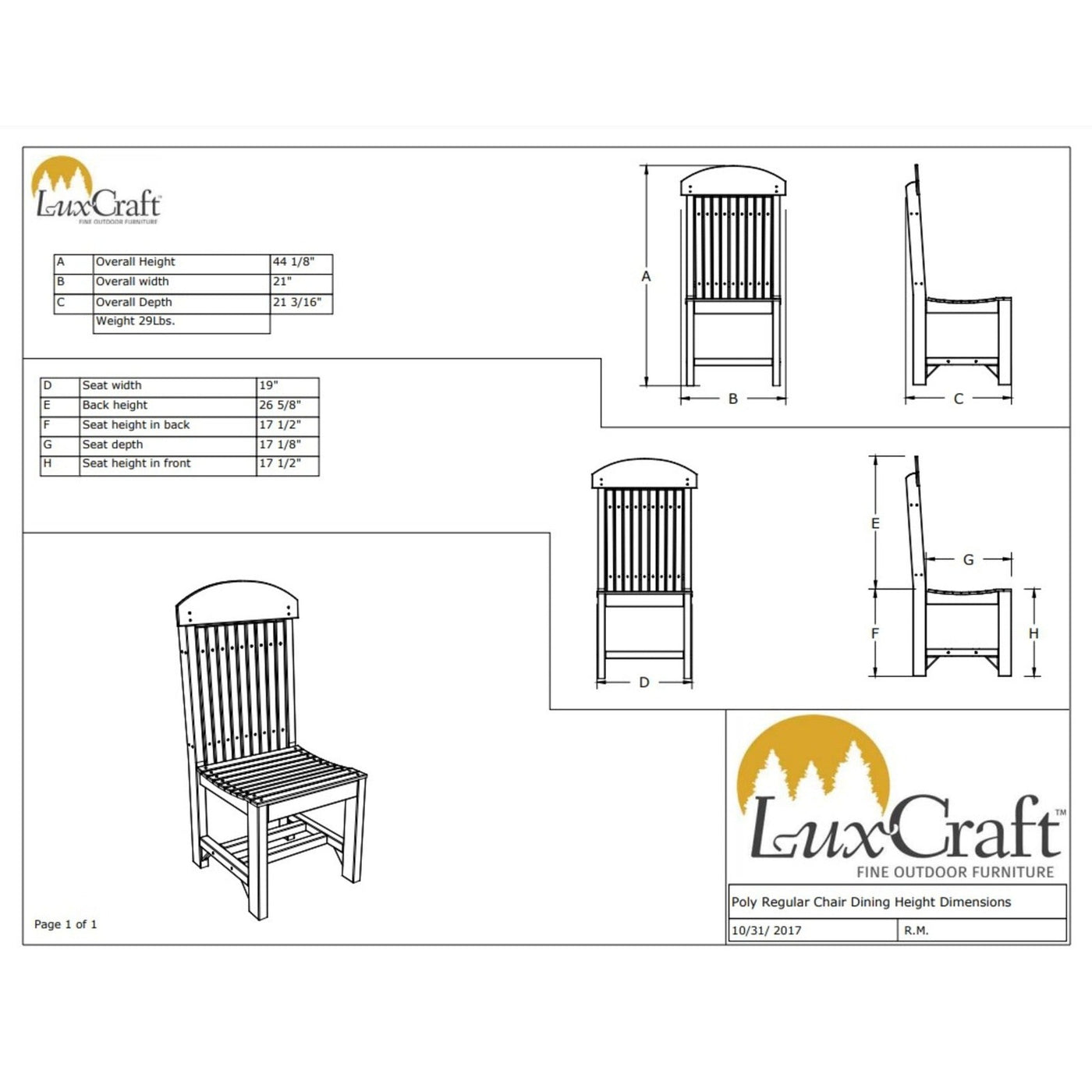 LuxCraft Outdoor Poly Regular Classic Dining Height Chair — Archic Furniture