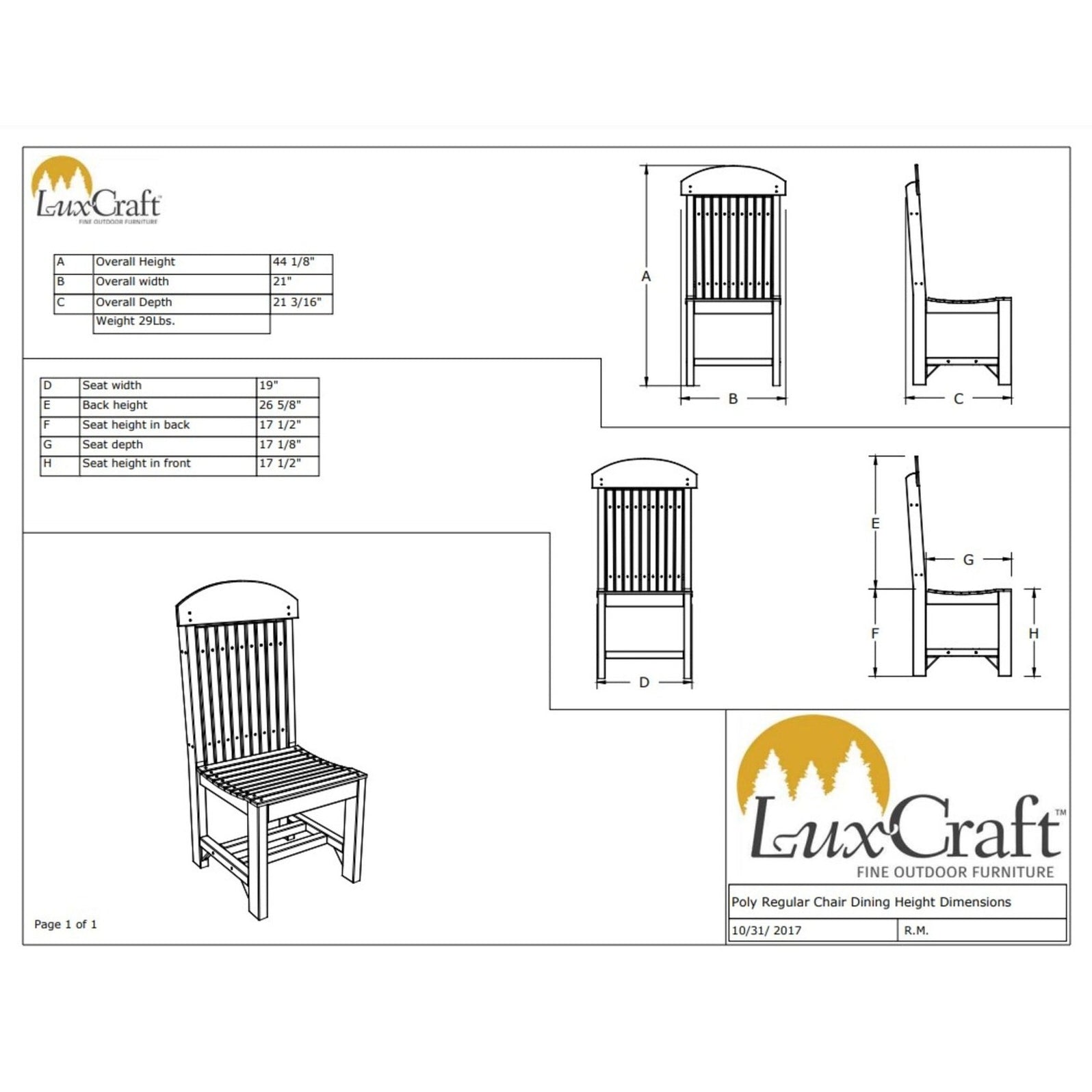 LuxCraft Outdoor Poly Regular Classic Dining Height Chair — Archic Furniture