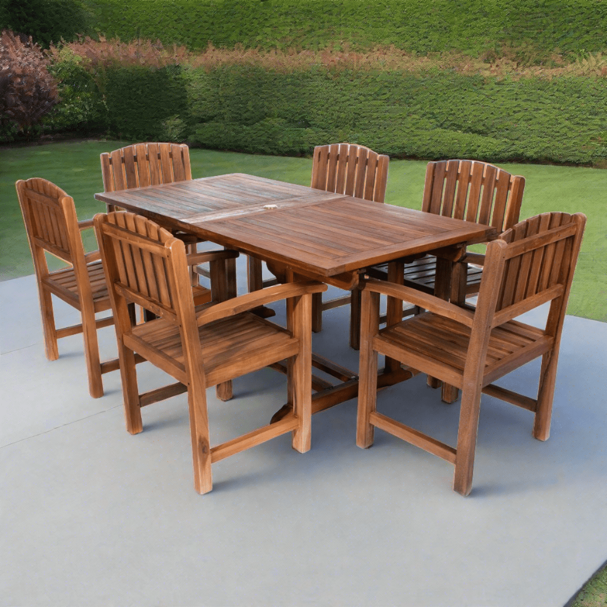 All Things Cedar 7-Piece Twin Butterfly Leaf Teak Extension Table Dini — Archic Furniture