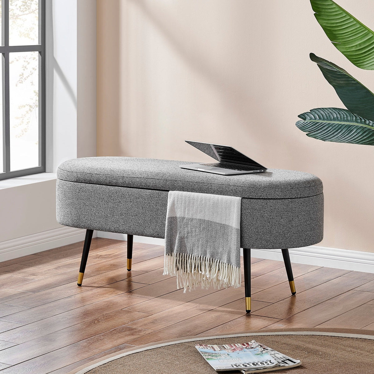 New Pacific Direct Phoebe KD Fabric Storage Bench w/ Gold Tip Metal Le